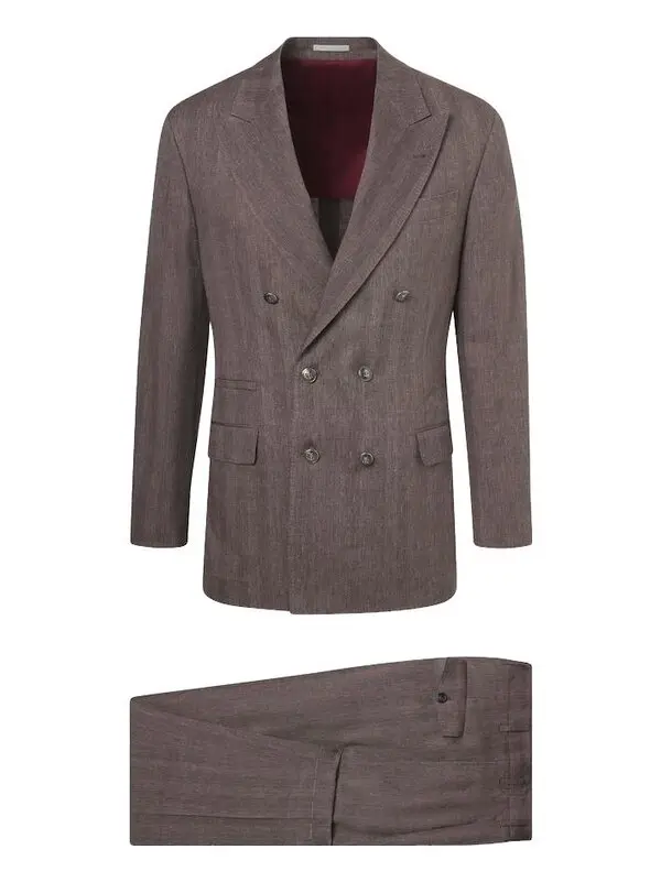 Brunello Cucinelli Herringbone Linen And Wool Suit - Brown