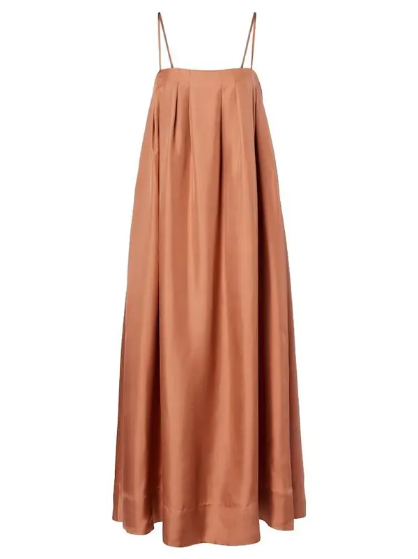 Asceno Heather Pleated Silk Twill Maxi Dress - Brown