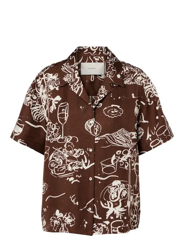 Asceno Prague Printed Silk Twill Bowling Shirt - Brown