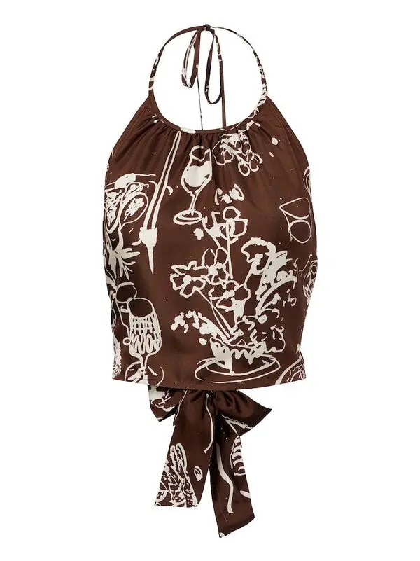 Asceno Bello Printed Halterneck Silk Crop Top - Brown