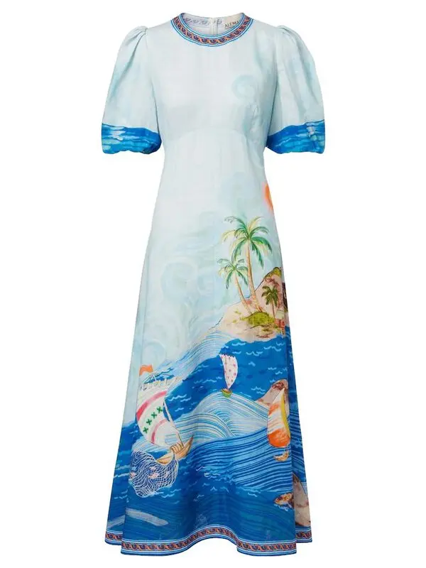 ALEMAIS Alémais Printed Linen Midi Dress - Blue