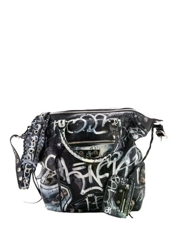 Balenciaga Le Cagole Graffiti Leather Medium Tote Bag - Black
