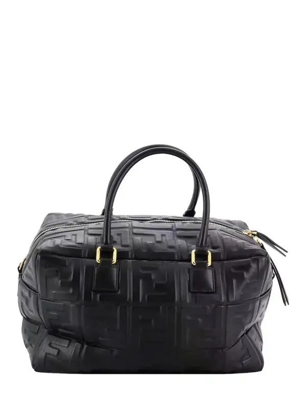Fendi Boston Bag Zucca Embossed Leather Medium Handbag - Black