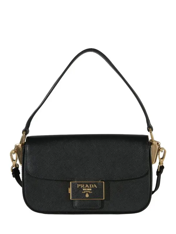 Prada Saffiano Lux Leather Embleme Flap Shoulder Bag - Black