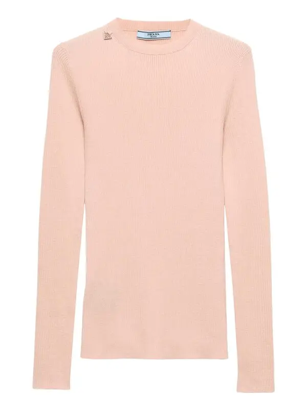 Prada Ribbed Wool Pullover With Triangle Logo - Pink