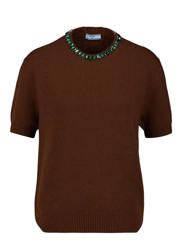Prada Wool-cashmere Sweater With Crystal Appliqués - Brown