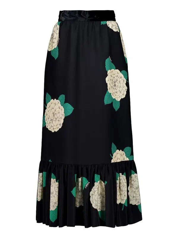 Valentino Garavani Midi Skirt With Floral Print And Ruffle Hem - Black