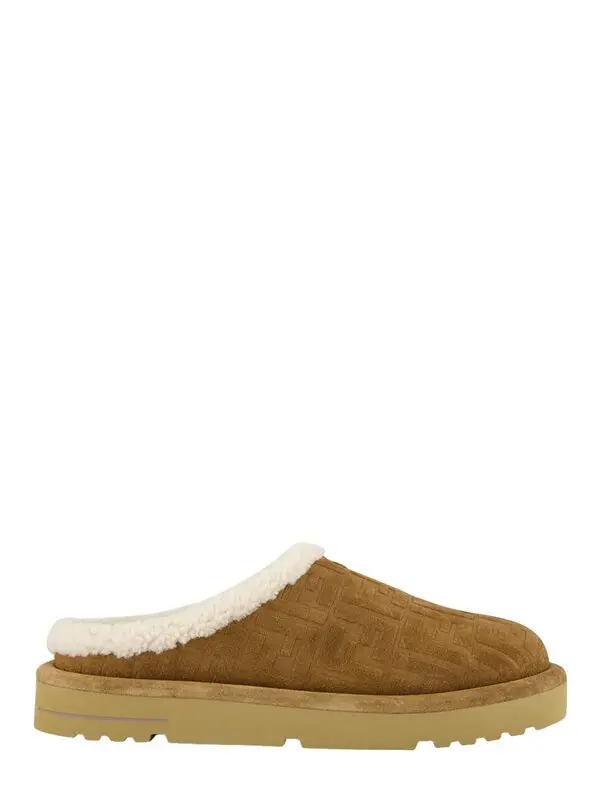 Fendi Suede Shearling Sabot Slippers - Brown