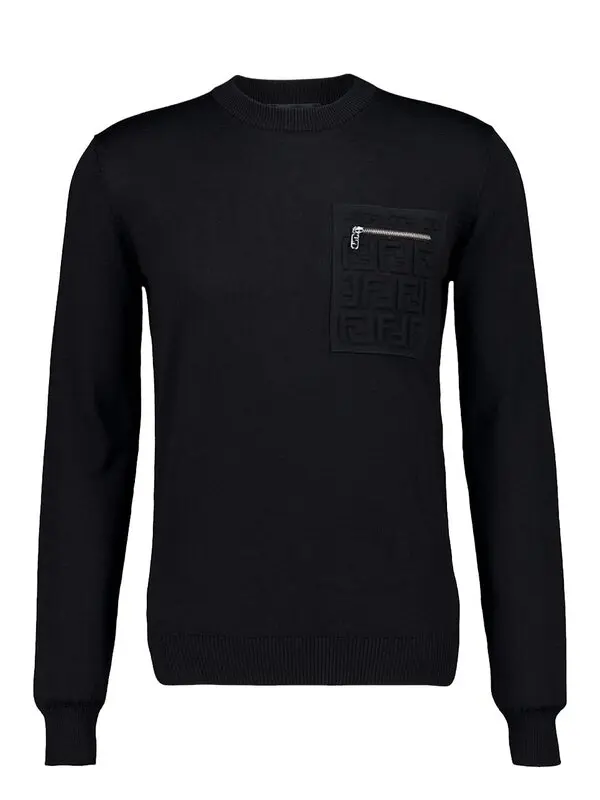 Fendi Wool Jumper With Ff Pocket - Black