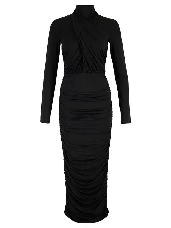 Balmain Pleated Jersey Midi Dress - Black