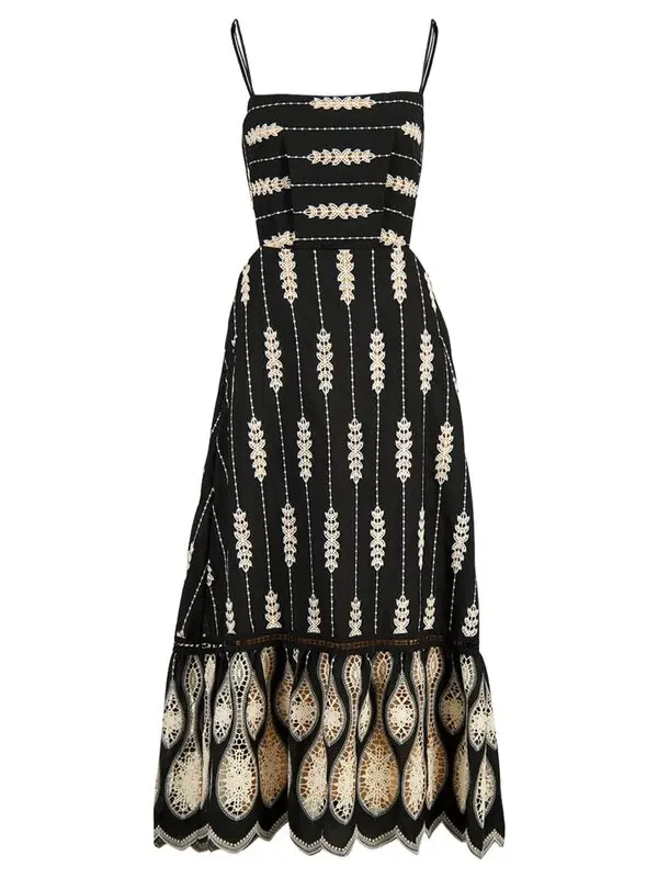Johanna Ortiz Nostalgica Embroidered Voile Midi Dress - Black