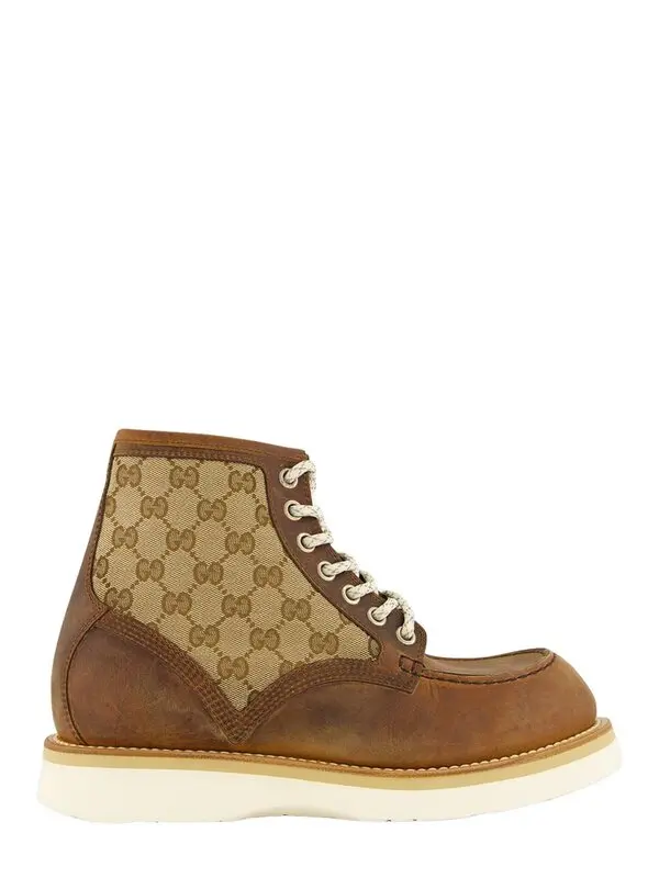 Gucci Leather Ankle Boot With Gg Canvas Insert - Brown