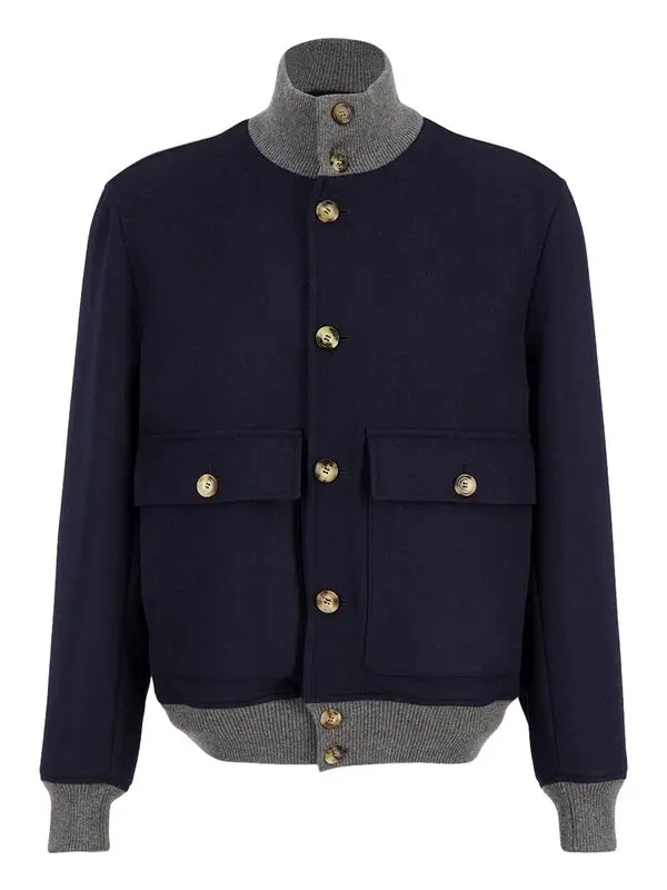 Brunello Cucinelli Wool Jacket With Knit Trim - Blue
