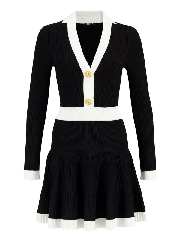 Balmain V-neck Knit Viscose Mini Flare Dress - Black