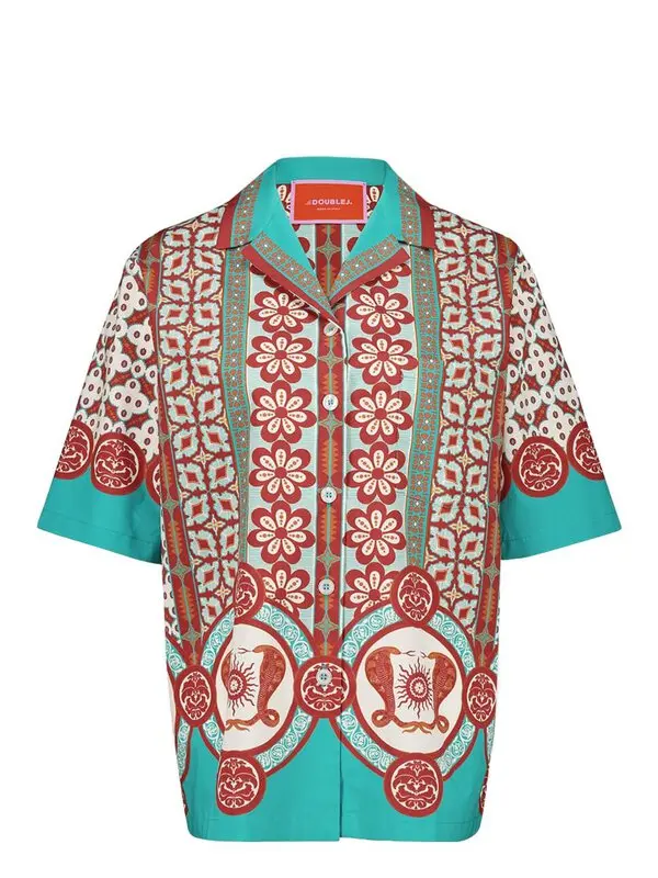 La DoubleJ Pagoda Placée Cotton Poplin Bowling Shirt - Blue
