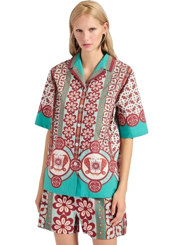 La DoubleJ Pagoda Placée Cotton Poplin Bowling Shirt - Blue