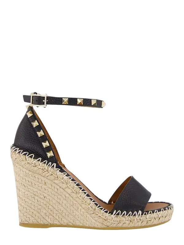 Valentino Garavani Calf Leather Wedge Espadrille Sandals - Black