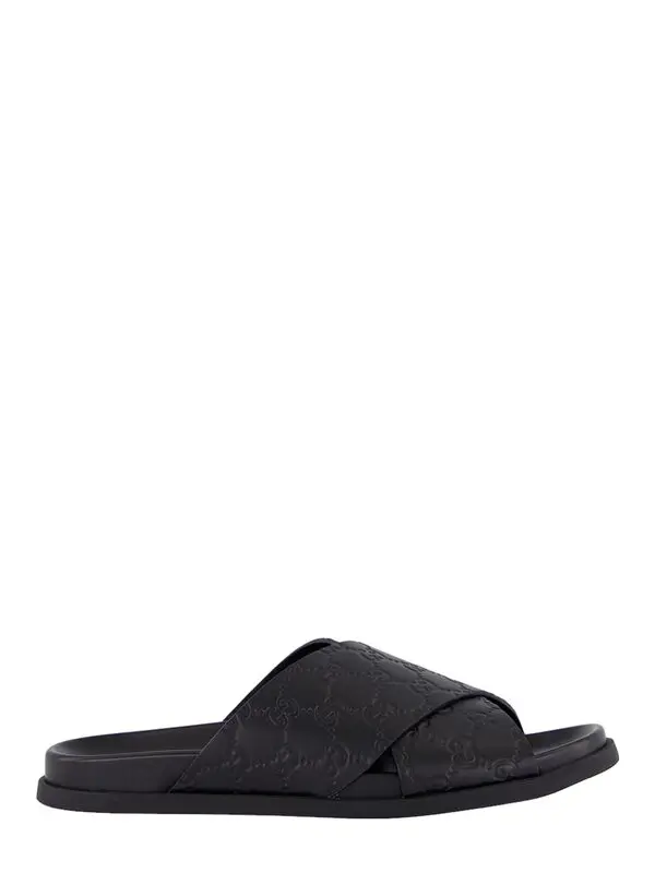 Gucci Gg Embossed Leather Slides - Black