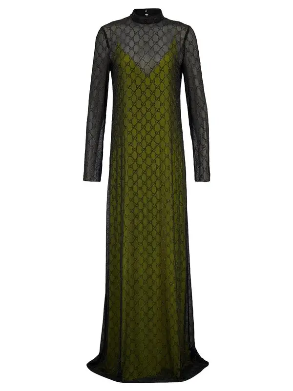 Gucci Embroidered Silk Georgette Dress - Green