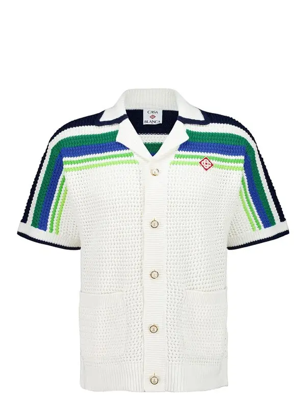 Casablanca White And Short Sleeve Stripe Knit Cotton Shirt - Blue
