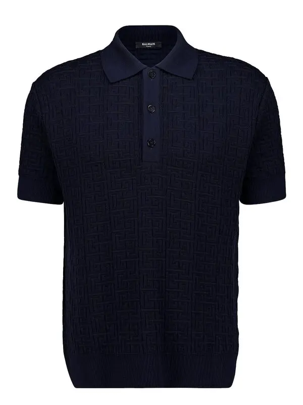 Balmain Marine Monogram Knit Polo Shirt - Blue