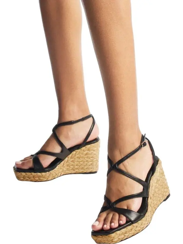 JIMMY CHOO Ayla 110 Leather Wedge Sandals - Black