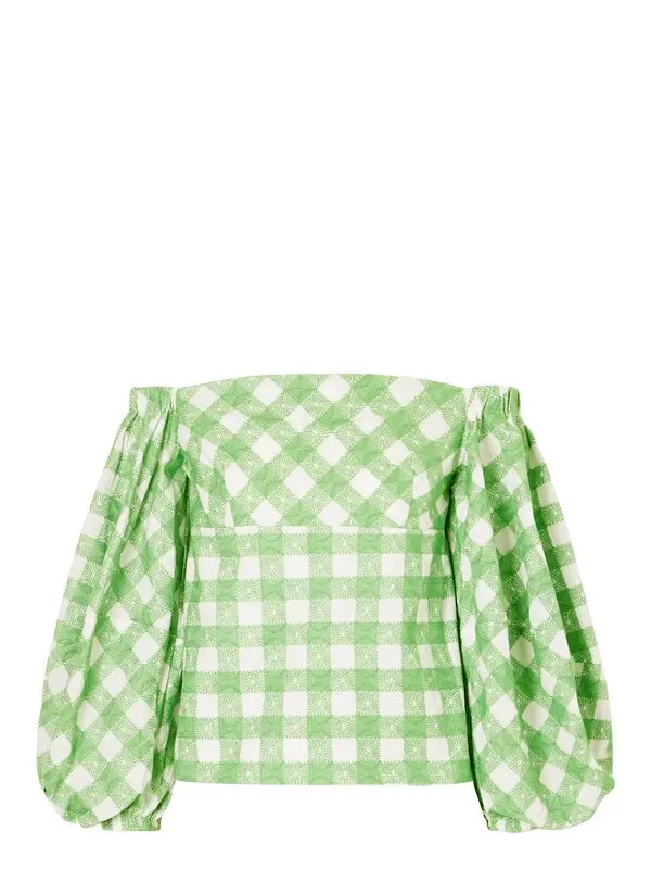 Rosie Assoulin Empire Balloon Off-the-shoulder Checked Cotton Blouse - Green