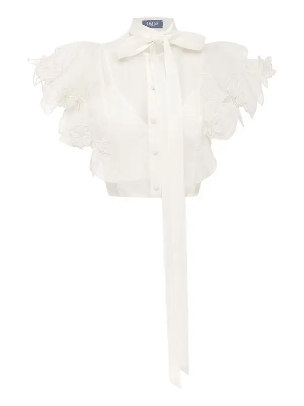 LEO LIN Jasmine Appliqué Flutter Sleeve Top - Snow