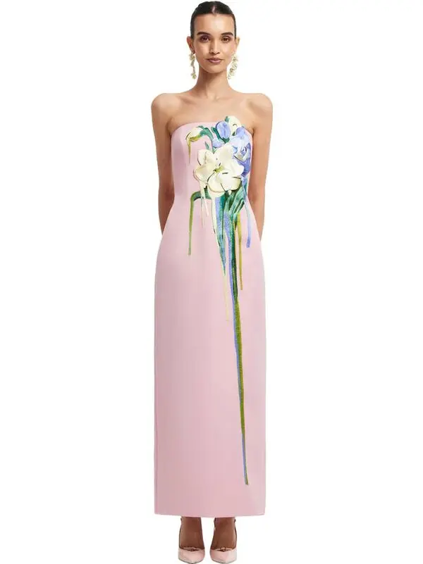 LEO LIN Rayna Embroidered Bustier Maxi Dress - Bouquet Print In Pastel Pink