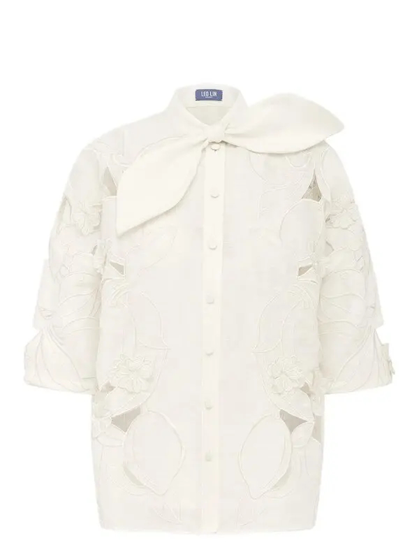 LEO LIN Brooklyn Appliqué Bow Puff Sleeve Top - Snow