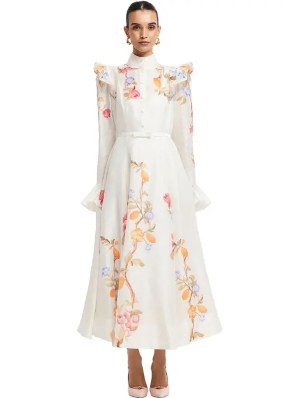 LEO LIN Selina Butterfly Sleeve Midi Dress - Lemon Vine Print In Snow