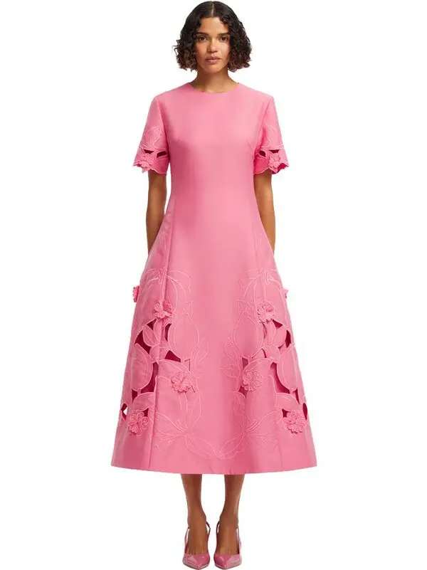 LEO LIN Caroline Appliqué Short Sleeve Midi Dress - Fuchsia