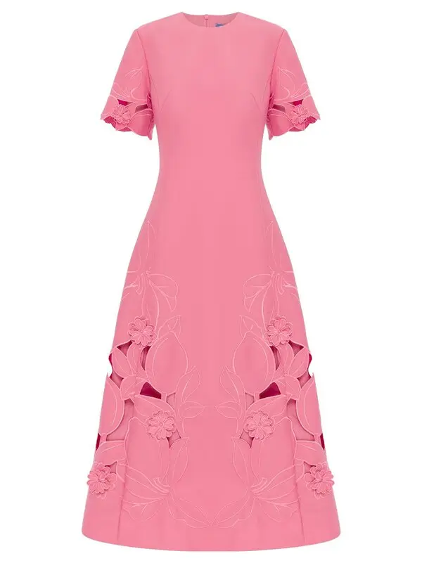 LEO LIN Caroline Appliqué Short Sleeve Midi Dress - Fuchsia