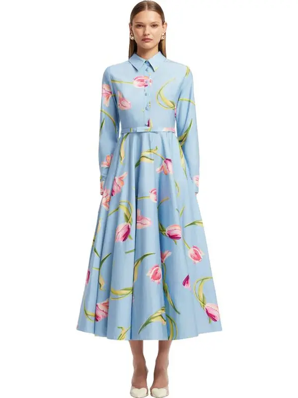 LEO LIN Zara Shirt Midi Dress - Tulip Print In Blue
