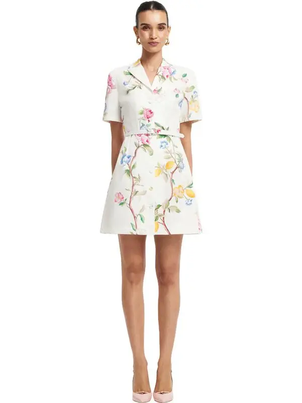 LEO LIN Brigitte Mini Dress - Lemon Vine Print In Snow