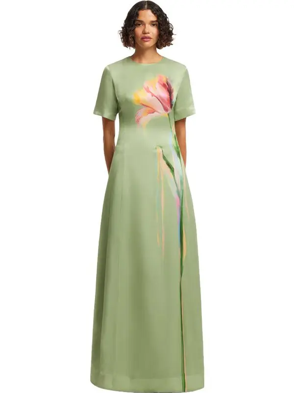 LEO LIN Alice Short Sleeve Maxi Dress - Tulip Print In Green