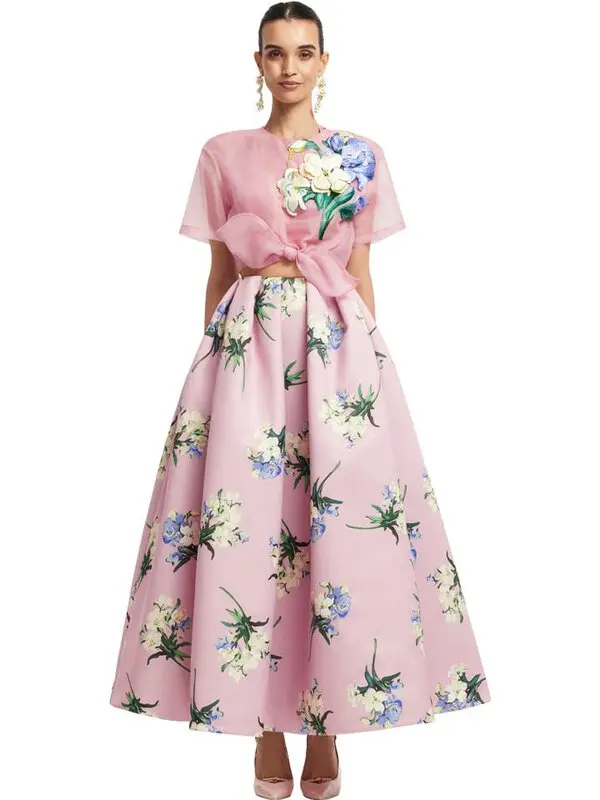 LEO LIN Victoria Puff Maxi Skirt - Bouquet Print In Pastel Pink