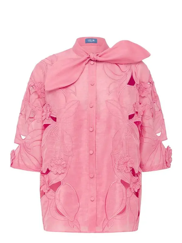 LEO LIN Brooklyn Appliqué Bow Puff Sleeve Top - Fuchsia