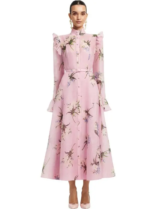 LEO LIN Katrina Butterfly Sleeve Midi Dress - Bouquet Print In Pastel Pink