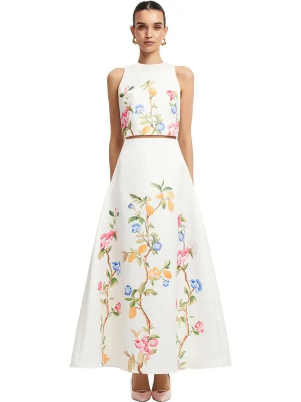 LEO LIN Ella Bow Backless Top - Lemon Vine Print In Snow