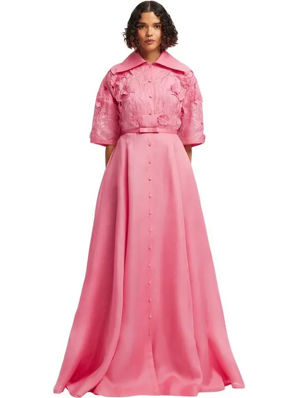 LEO LIN Junia Appliqué Puff Sleeve Gown - Fuchsia