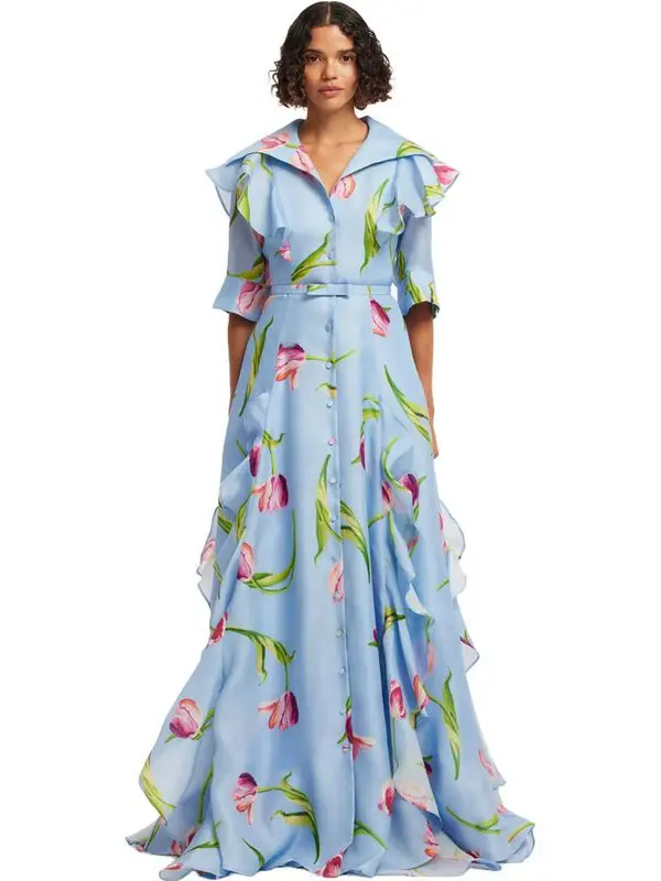 LEO LIN Isabella Silk Gown - Tulip Print In Blue