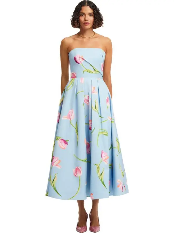 LEO LIN Lynn Bustier Midi Dress - Tulip Print In Blue
