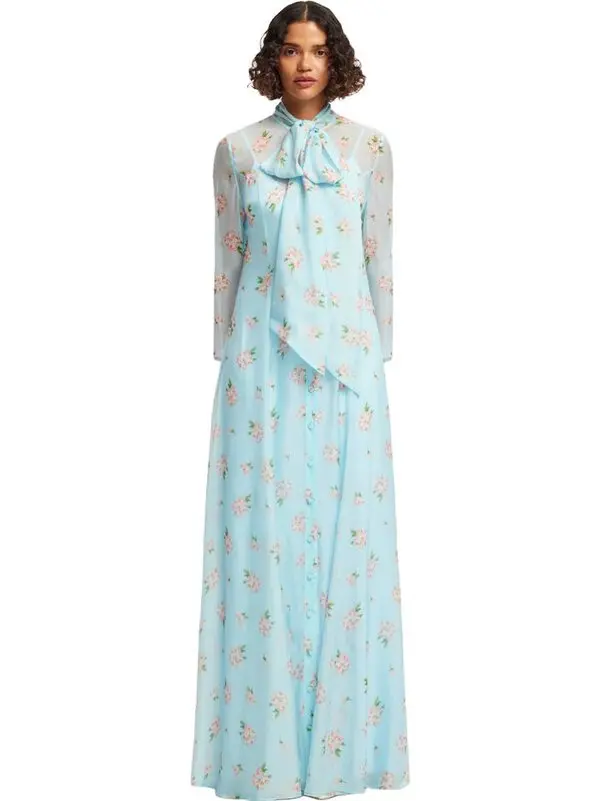 LEO LIN Lilith Tie Neck Maxi Dress - Ditsy Floral Print In Blue