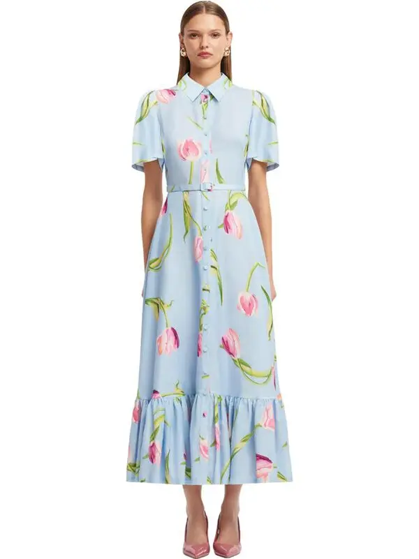 LEO LIN Printed Short Sleeve Midi Dress - Tulip Print In Blue