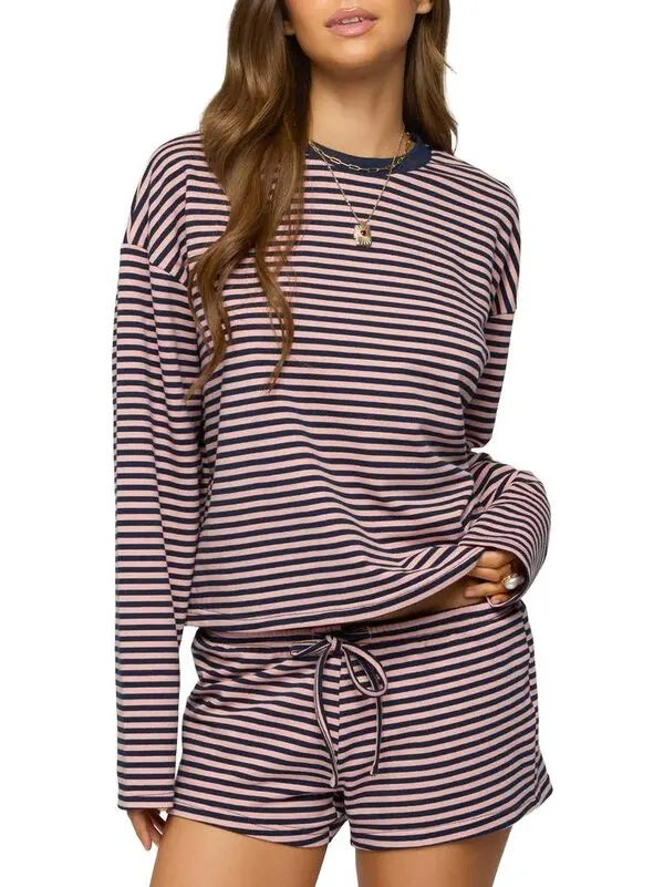EDIKTED Jainee Stripe Long Sleeve Top - Navy-and-pink