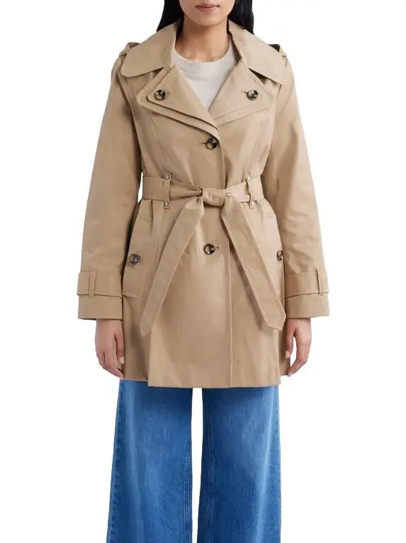 London Fog Double-breasted Hooded Trench Coat - British Khaki