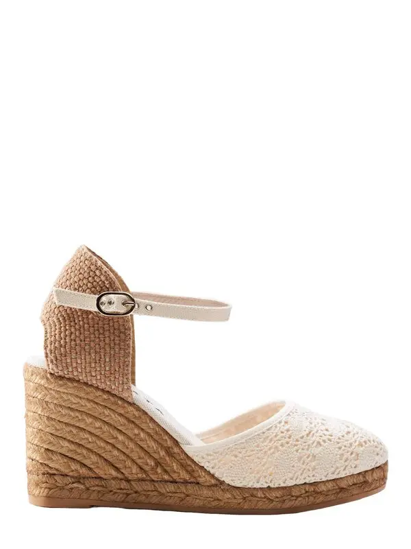 VISCATA Canvas Espadrille Wedges With Ankle Strap - Ivory