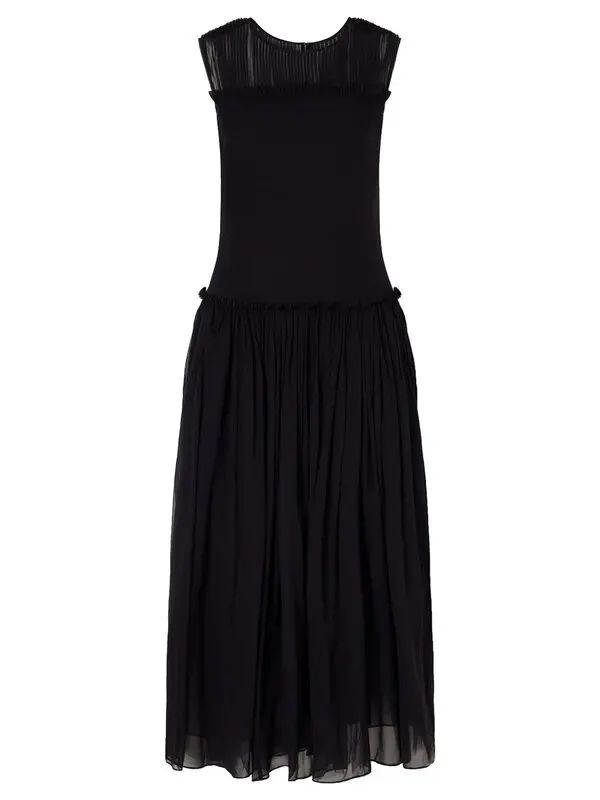 ABADIA Plissé Chiffon-trimmed Silk-satin Midi Dress - Black