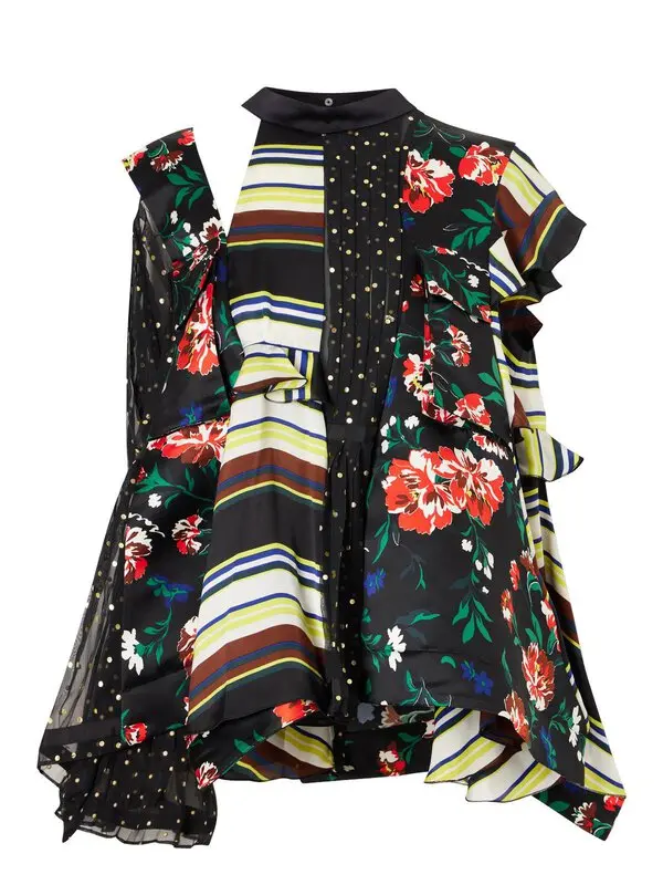 Sacai Pattern Mix Printed Ruffled Blouse - Black